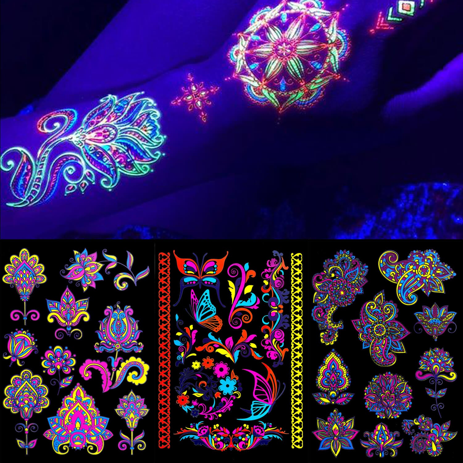 Neon UV Glow in The Dark Night Club Flower Butterfly Tattoo Sticker ...